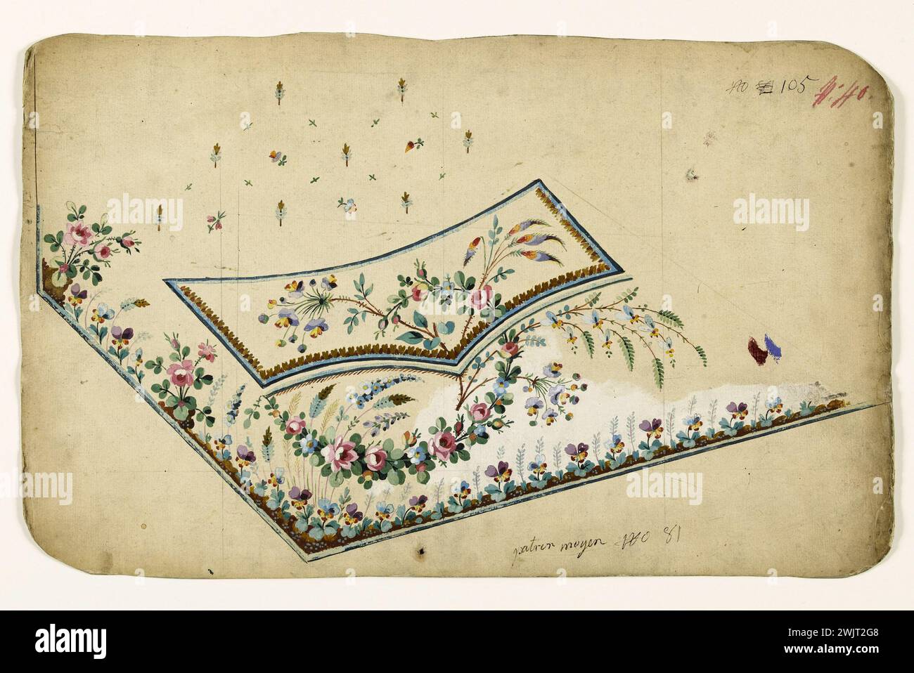 Anonymous. Embroidery drawing project. Pencil and gouache on a map ...