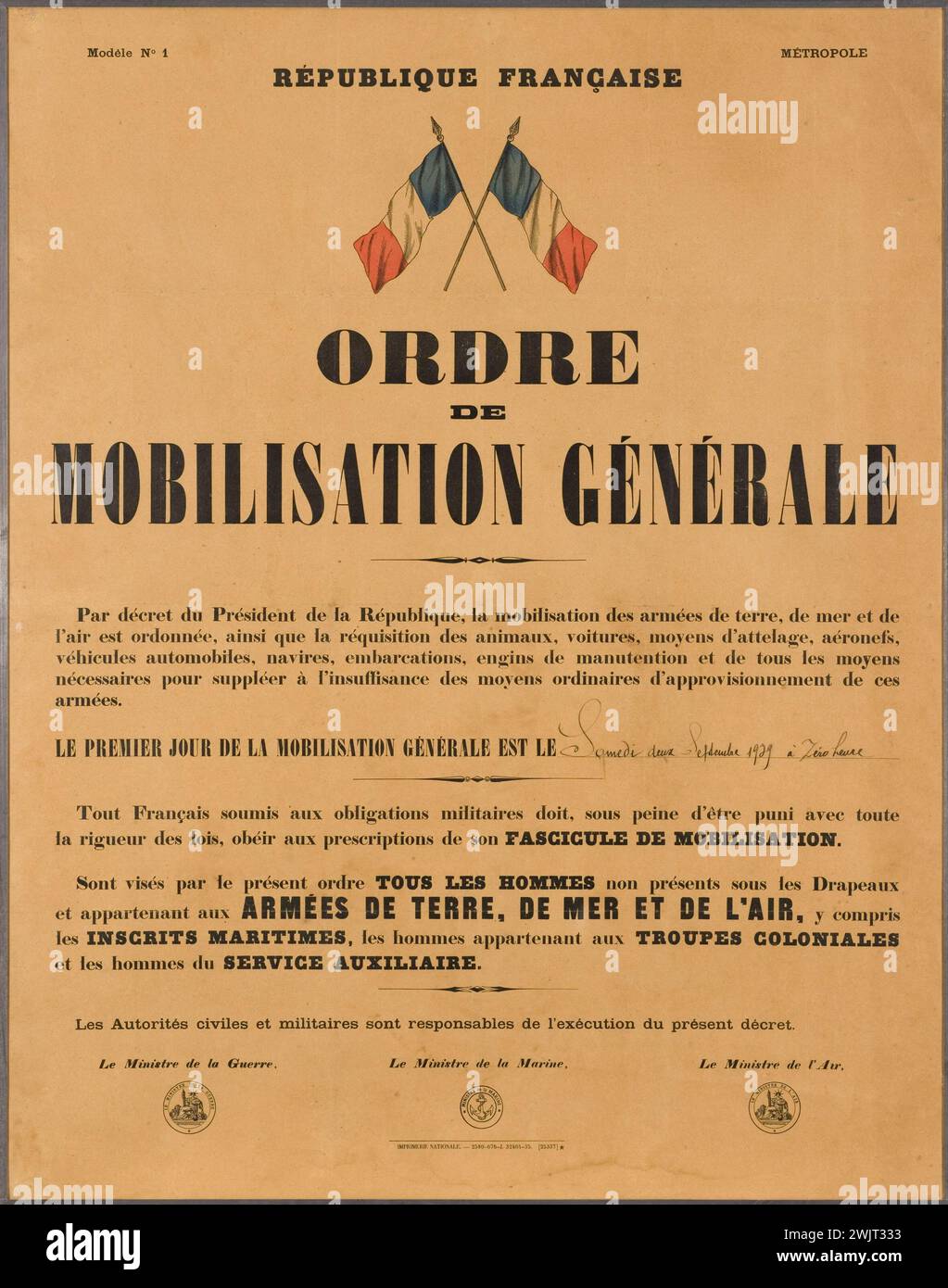 War 1939-1945. "General mobilization order. Model n ° 1. Metropolis. By ...