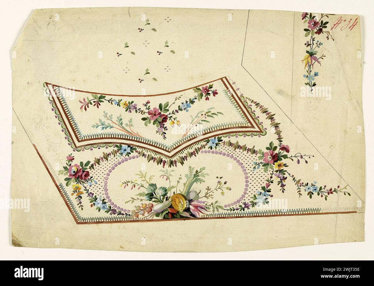 Anonymous. Embroidery drawing project. Pencil and gouache on a map ...