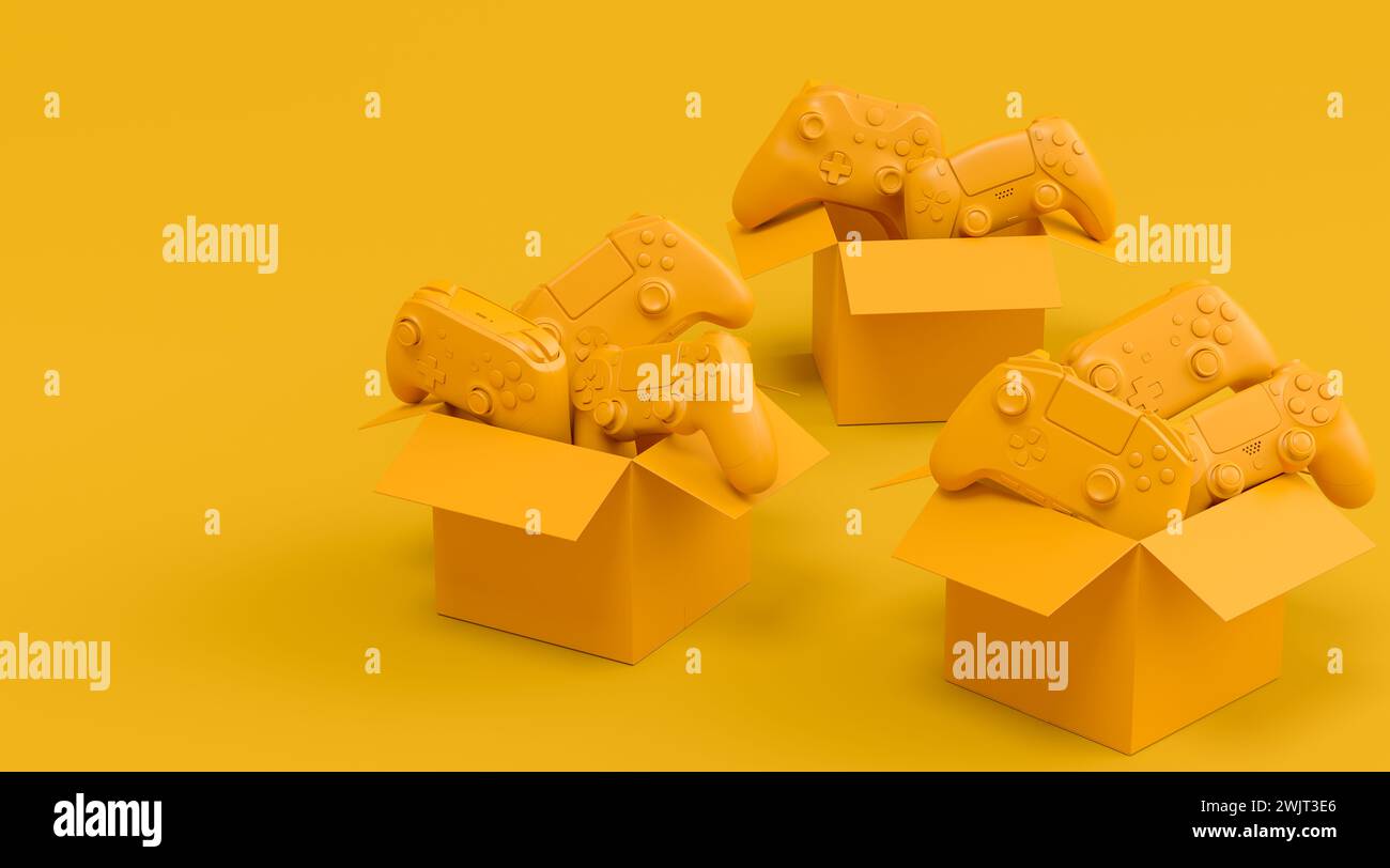 Set of gamer joysticks or gamepads in cardboard box on monochrome ...