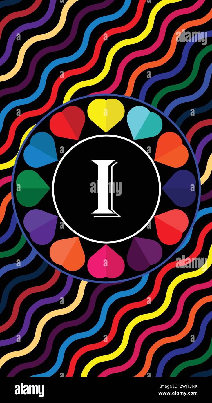 I letter in circle of colorful hearts with colorful wave pattern ...