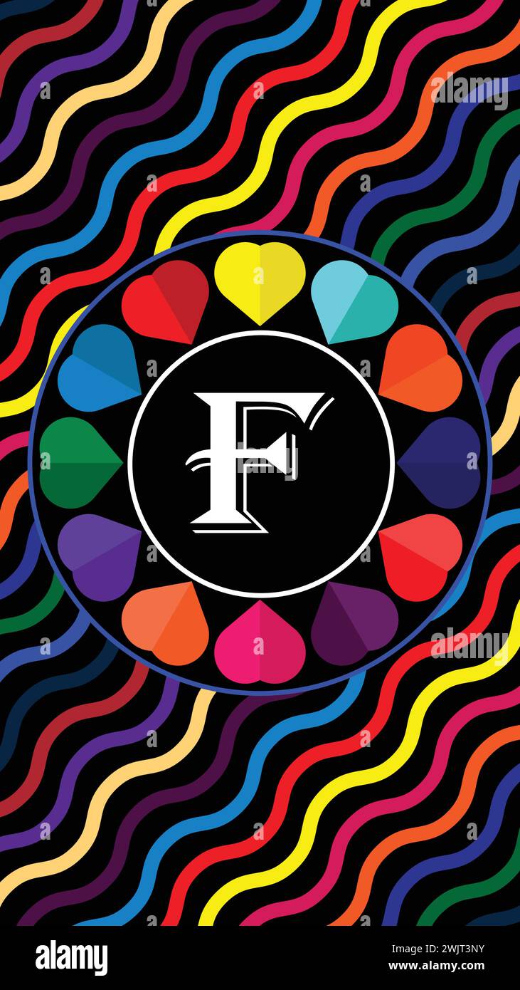 F letter in circle of colorful hearts with colorful wave pattern ...
