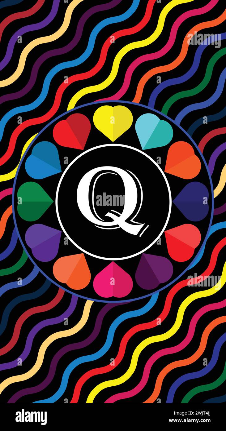 Q letter in circle of colorful hearts with colorful wave pattern ...