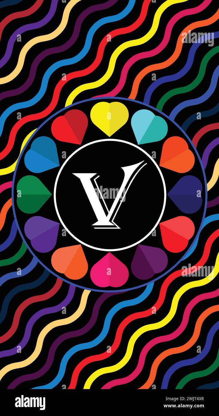 V letter in circle of colorful hearts with colorful wave pattern ...