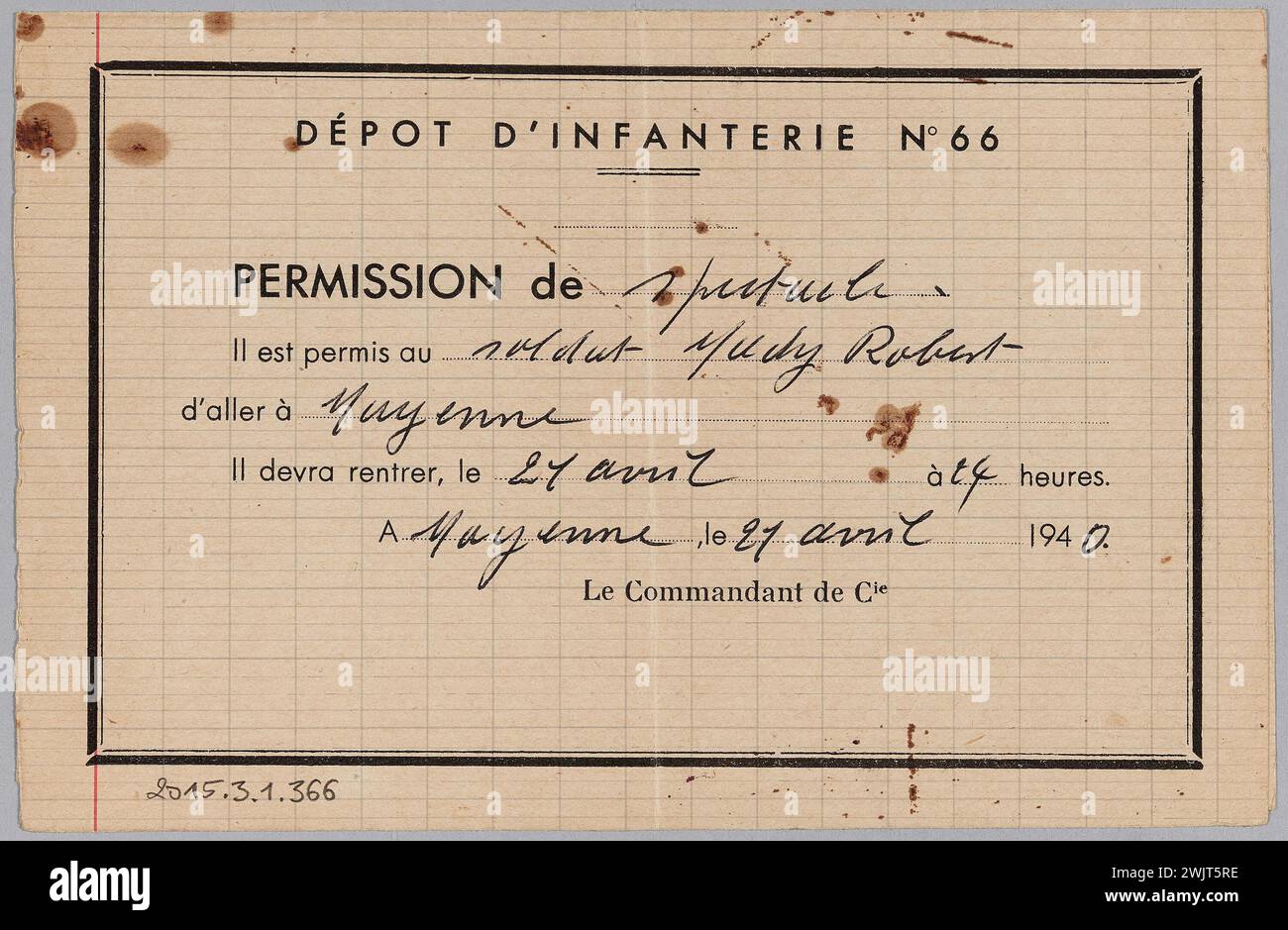 Permission from the show by soldier Robert Mady (infantry filing n ° 66 ...