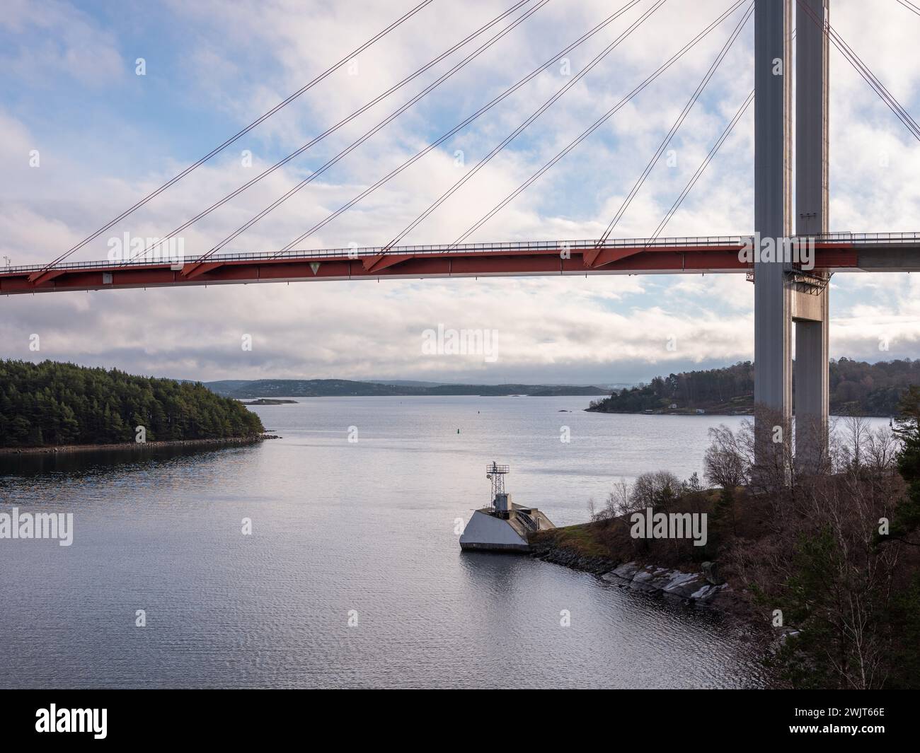 Part of suspension bridge to Tjörn island in Sweden. Pylons and cables ...