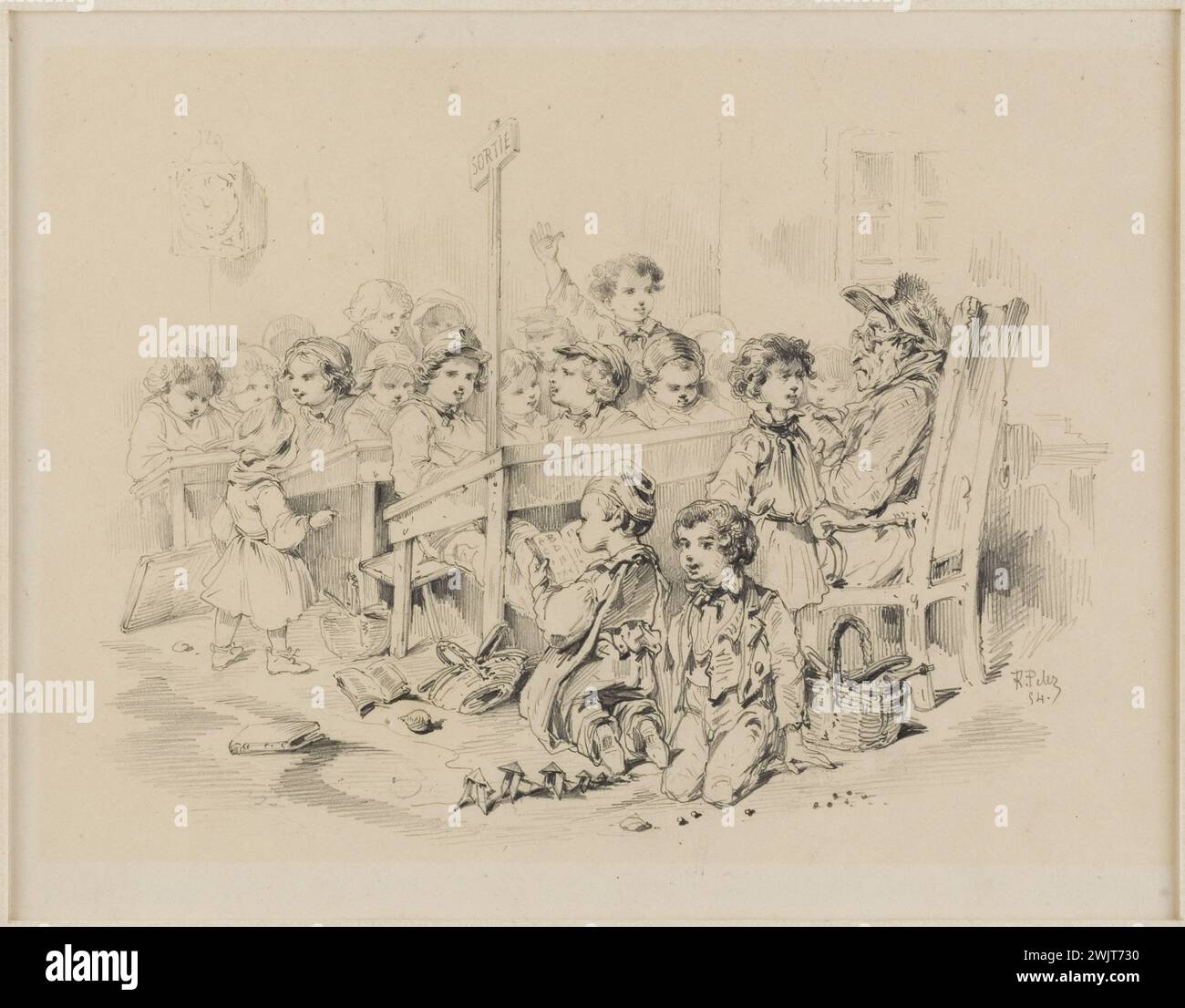 Raymond Pelez (1814-1874). "Young students and their master in a class ...
