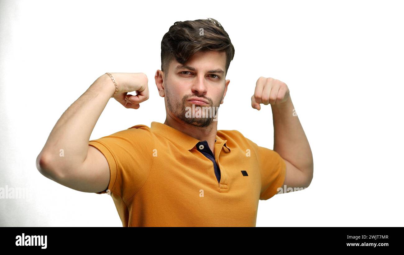 Man, close-up, on a white background, shows strength Stock Photo - Alamy
