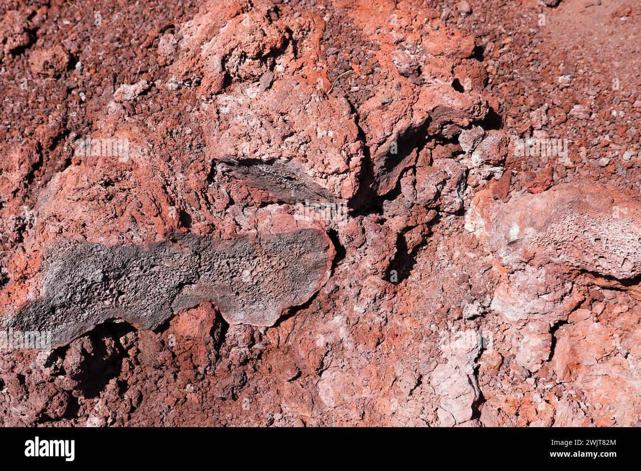 Red lava magma rock texture close up. Geology of Canary island Tenerife ...