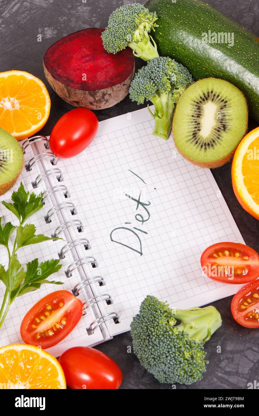 Natural fruits with vegetables as source vitamins and notepad with word ...
