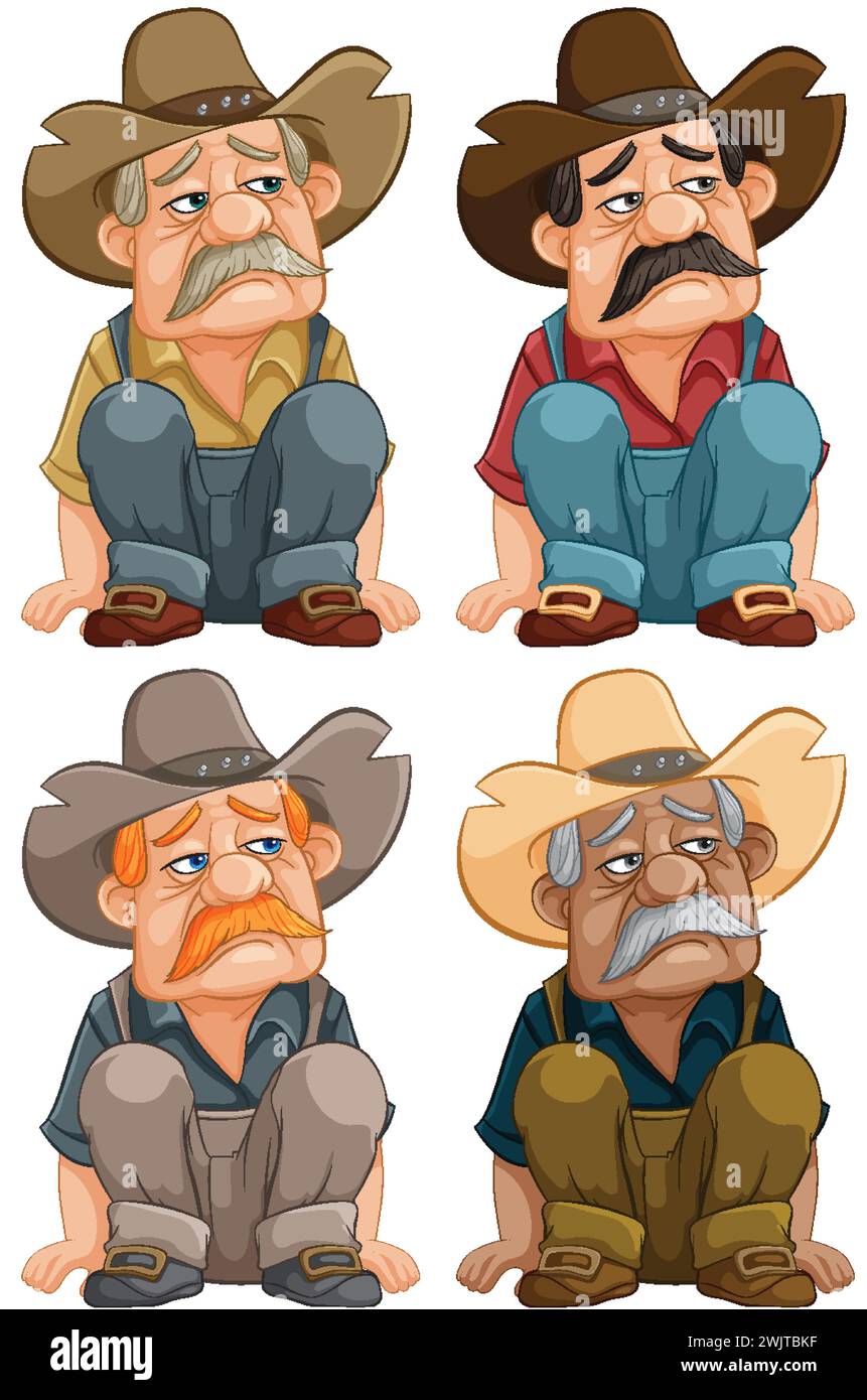 Vector illustrations of a cowboy with varying expressions Stock Vector ...
