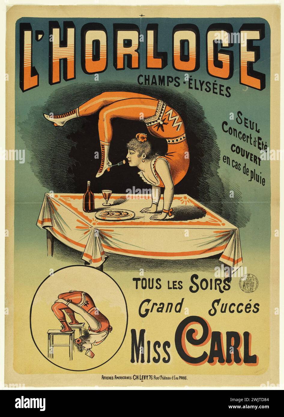 Poster for the summer concert "the clock" with Miss Carl, contortionist ...