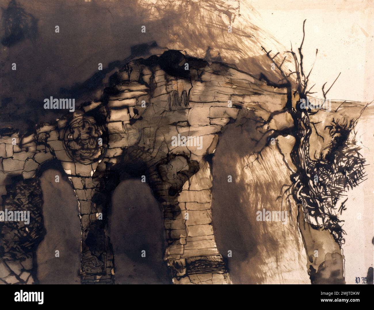 Victor Hugo (1802-1885). "Old bridge". Pen and brown ink wash, rubbed ...