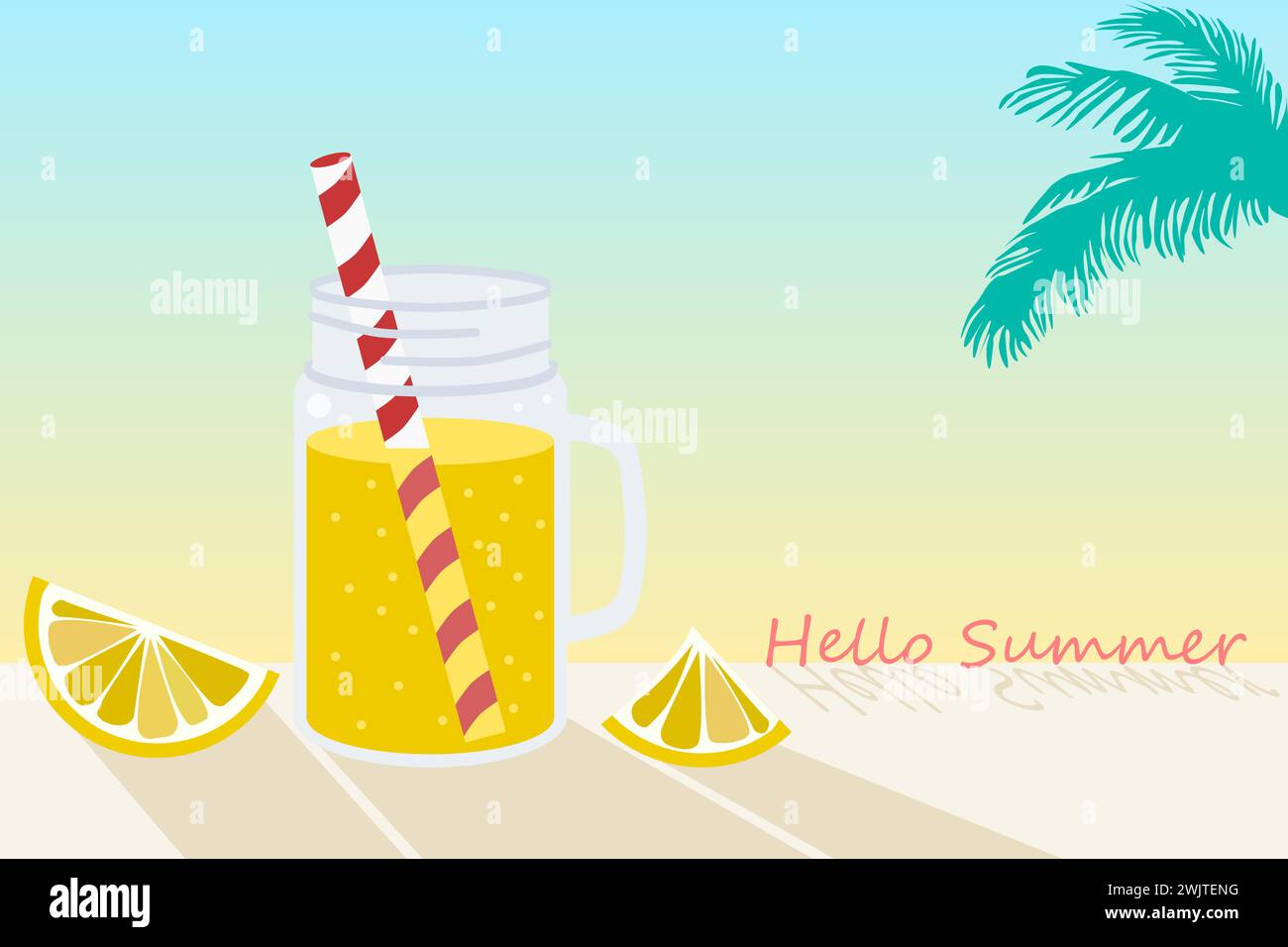 A glass jar of lemonade with a stripped straw and lettering hello ...