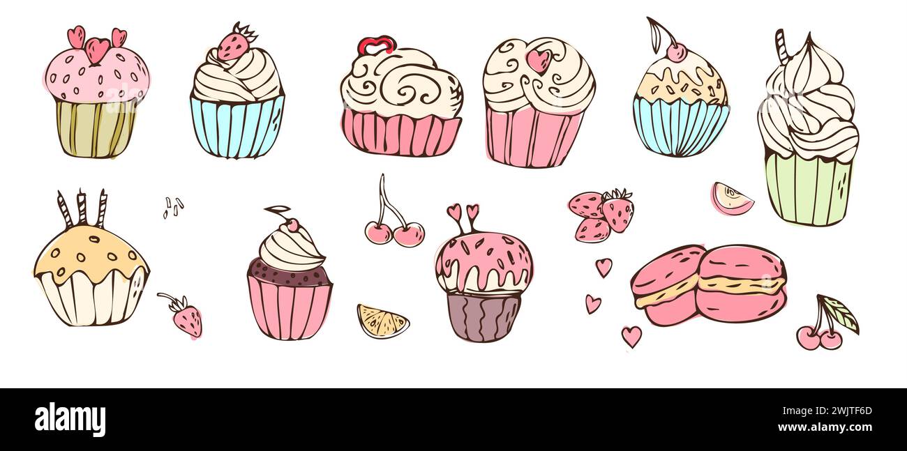 Doodle cupcakes and macaroons with cream, sweet food big set. Vector ...