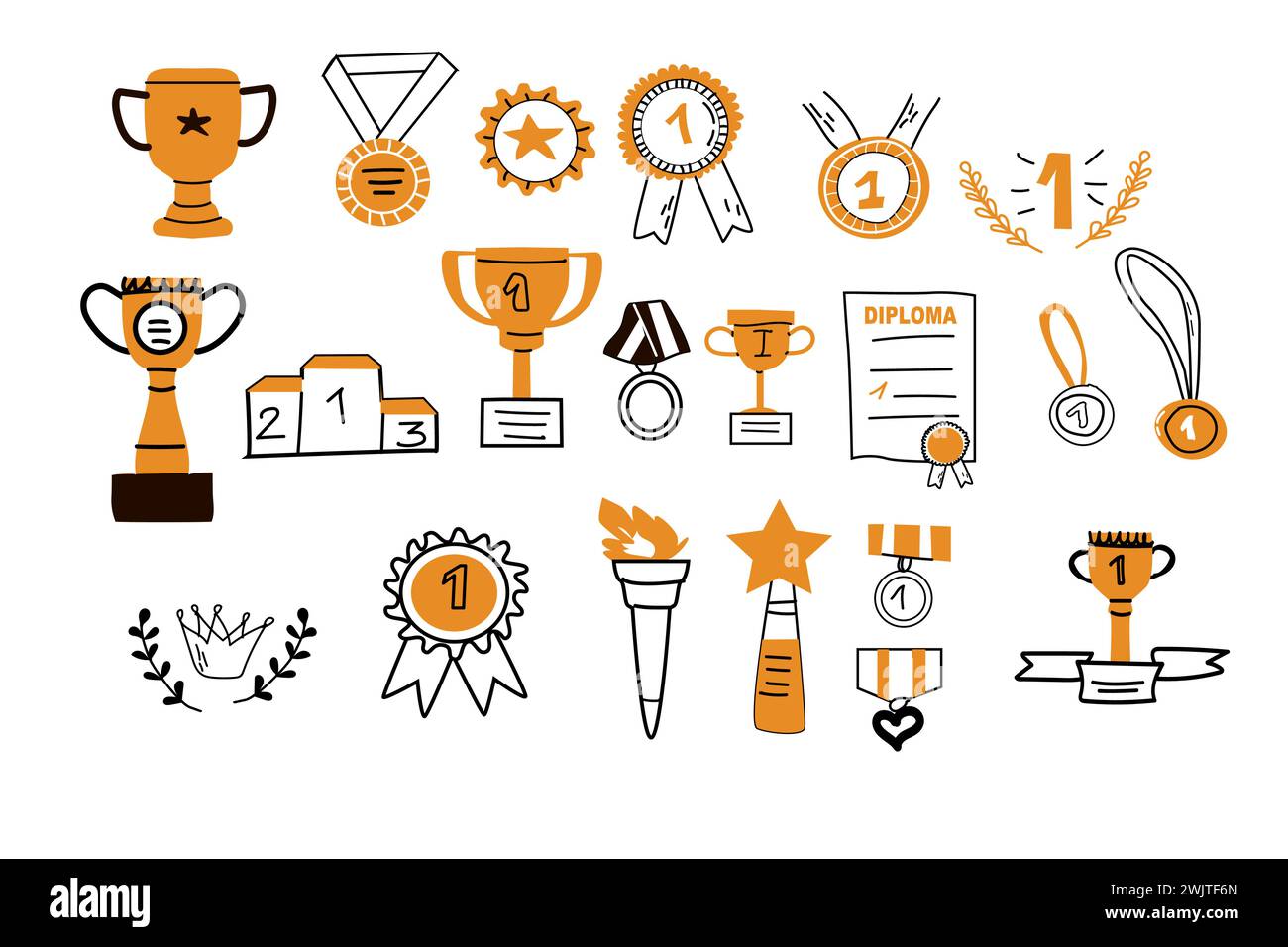 Big set of Hand drawn doodle awards outline with color icons isolated ...