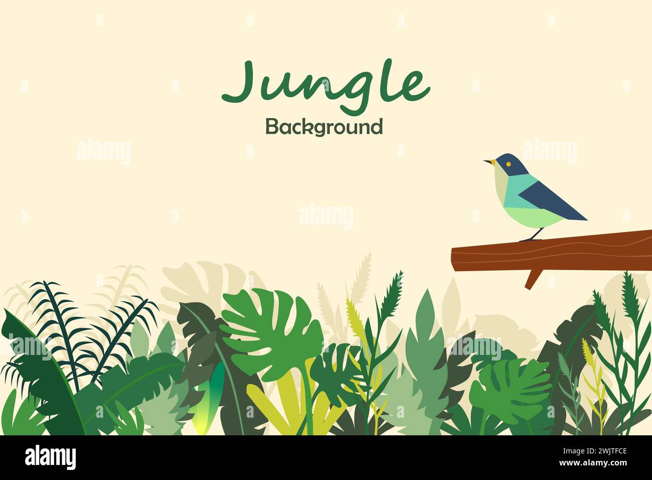 Tropical vector background with colorful leaves and a bird. Abstract ...