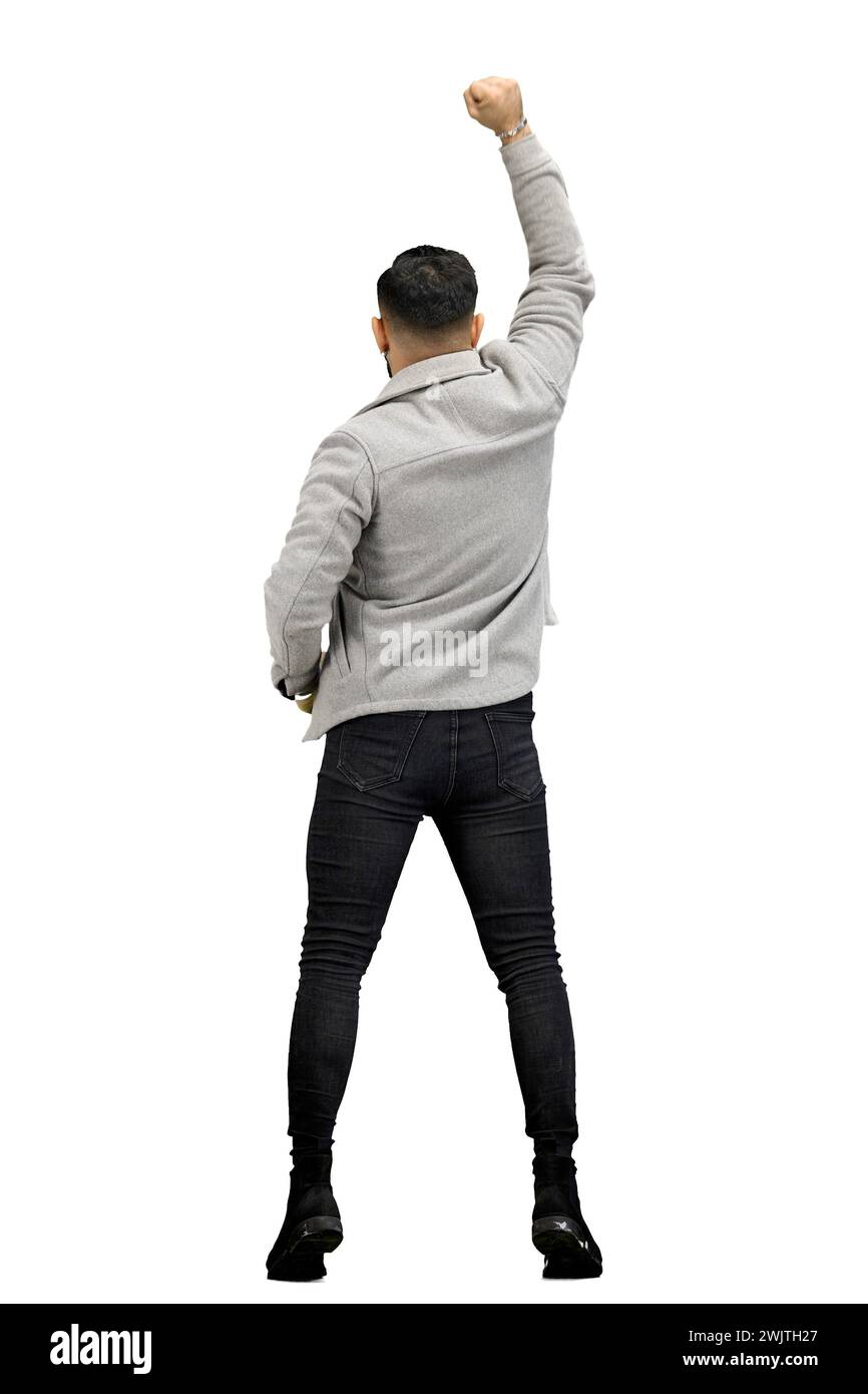 A man, full-length, on a white background, raised his hand up Stock ...