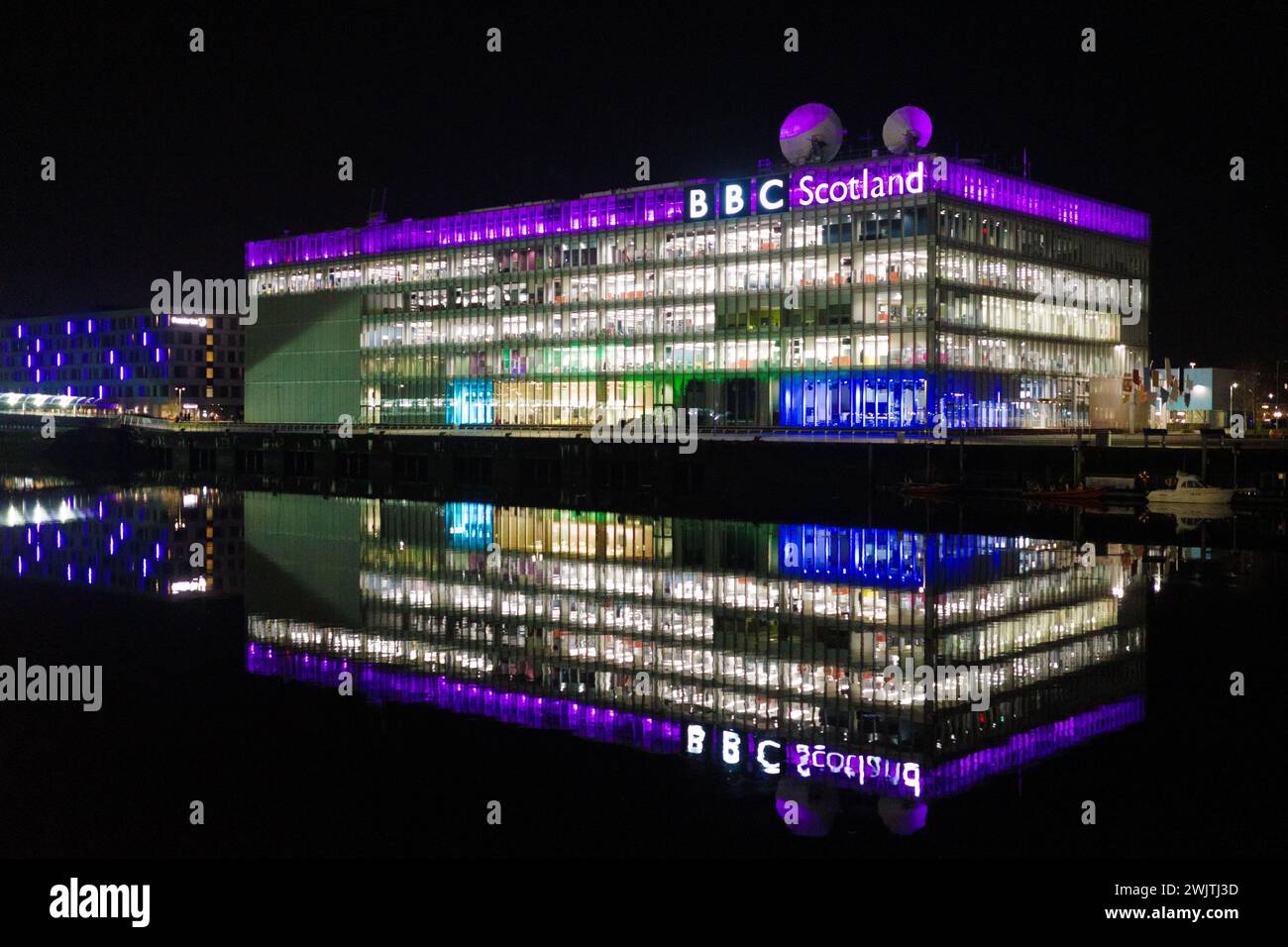 Glasgow Scotland: 11th Feb 2024: River Clyde at night with the BBC ...