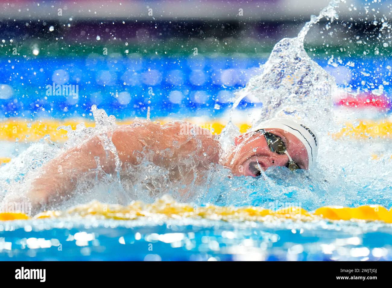 Luke Hobson of the United States competes in the Mixed 4x100 50-meter ...