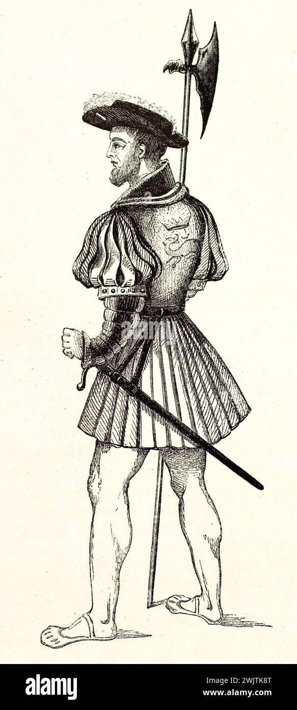 Renaissance guard in puffed sleeves holding a halberd, vertical black ...