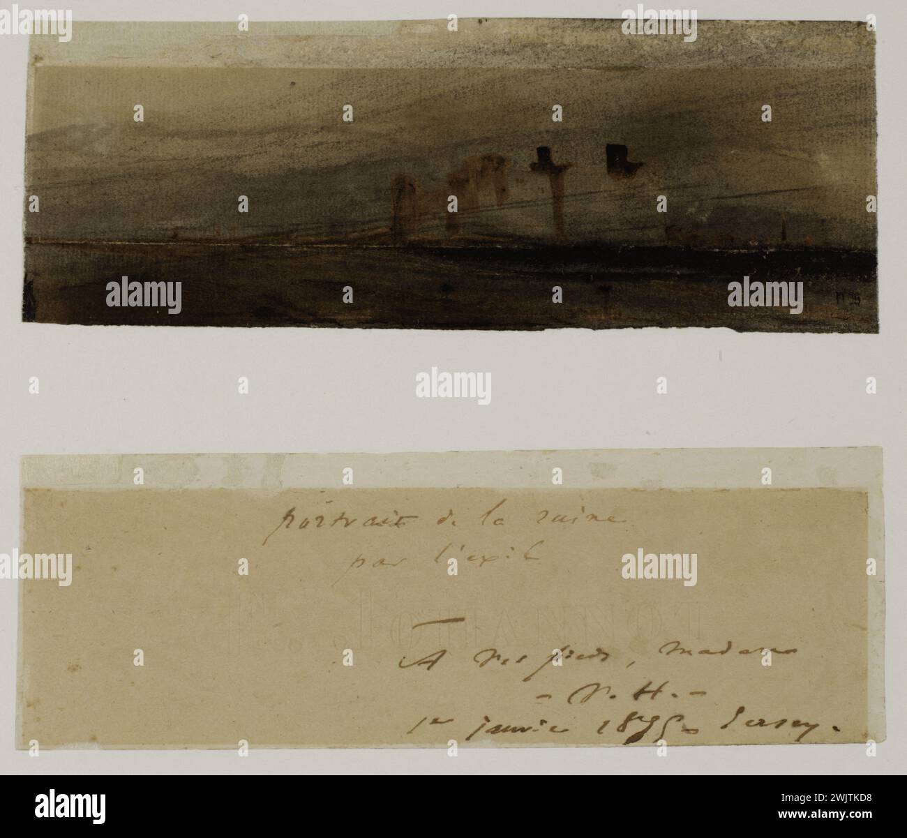 Victor Hugo (1802-1885). "Portrait of exile by ruin. Ruins in a dsol ...