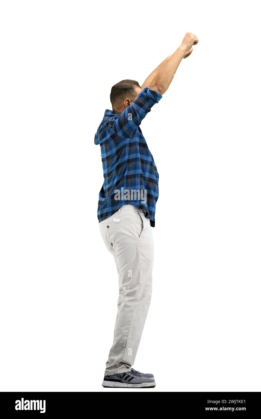 A man, full-length, on a white background, waving his arms Stock Photo ...