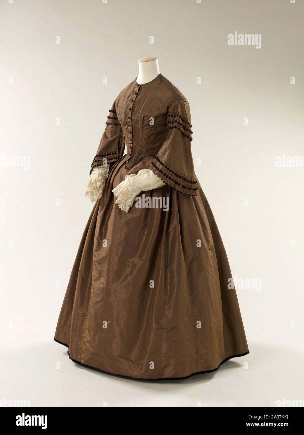 Day dress. Brown taffeta, brown caterpillar braid, ten flowerfield ...