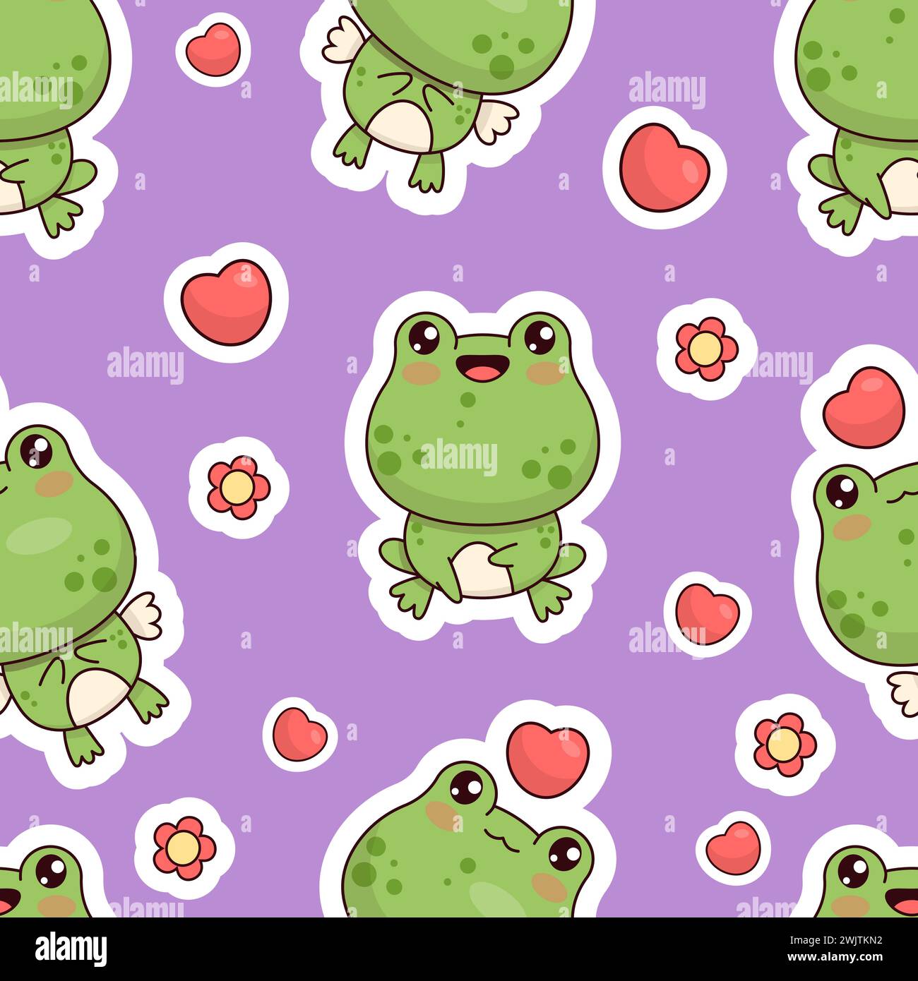 Seamless pattern with little frogs on purple background with hearts ...