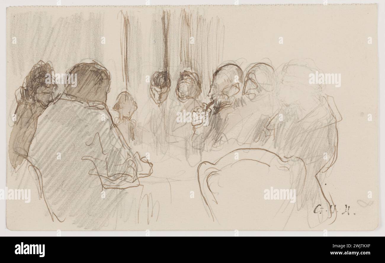 Georges Hugo (1868-1925). Assembled around a table. Graphite, ink and ...