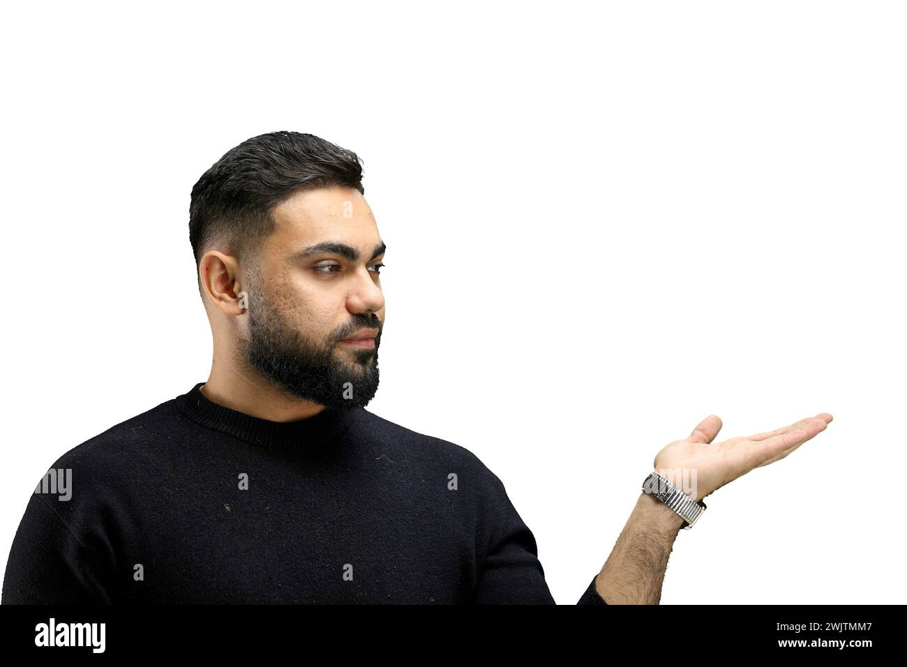 A man, close-up, on a white background, points to the side Stock Photo ...