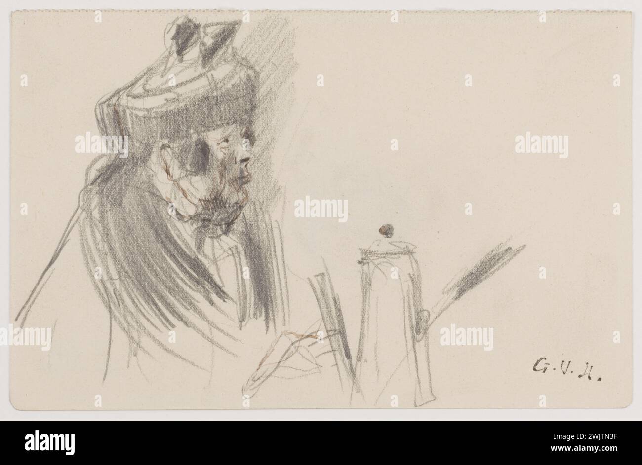 Georges Hugo (1868-1925). Character at the coffee maker. Graphite ...