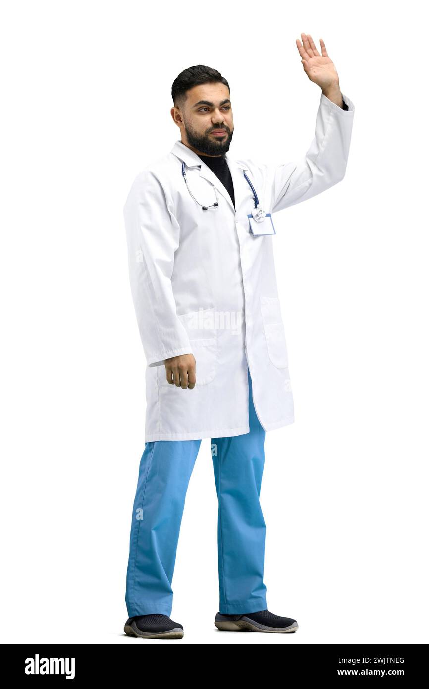 The doctor, in full height, on a white background, waving his hand ...
