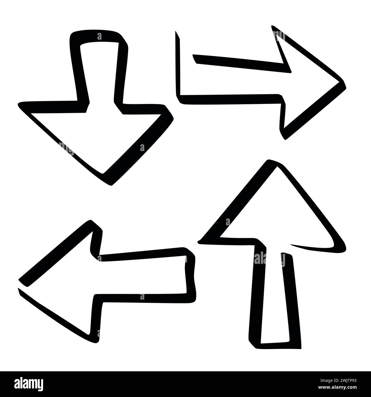 Vector set of abstract curved bold arrows . Hand drawn empty and ...