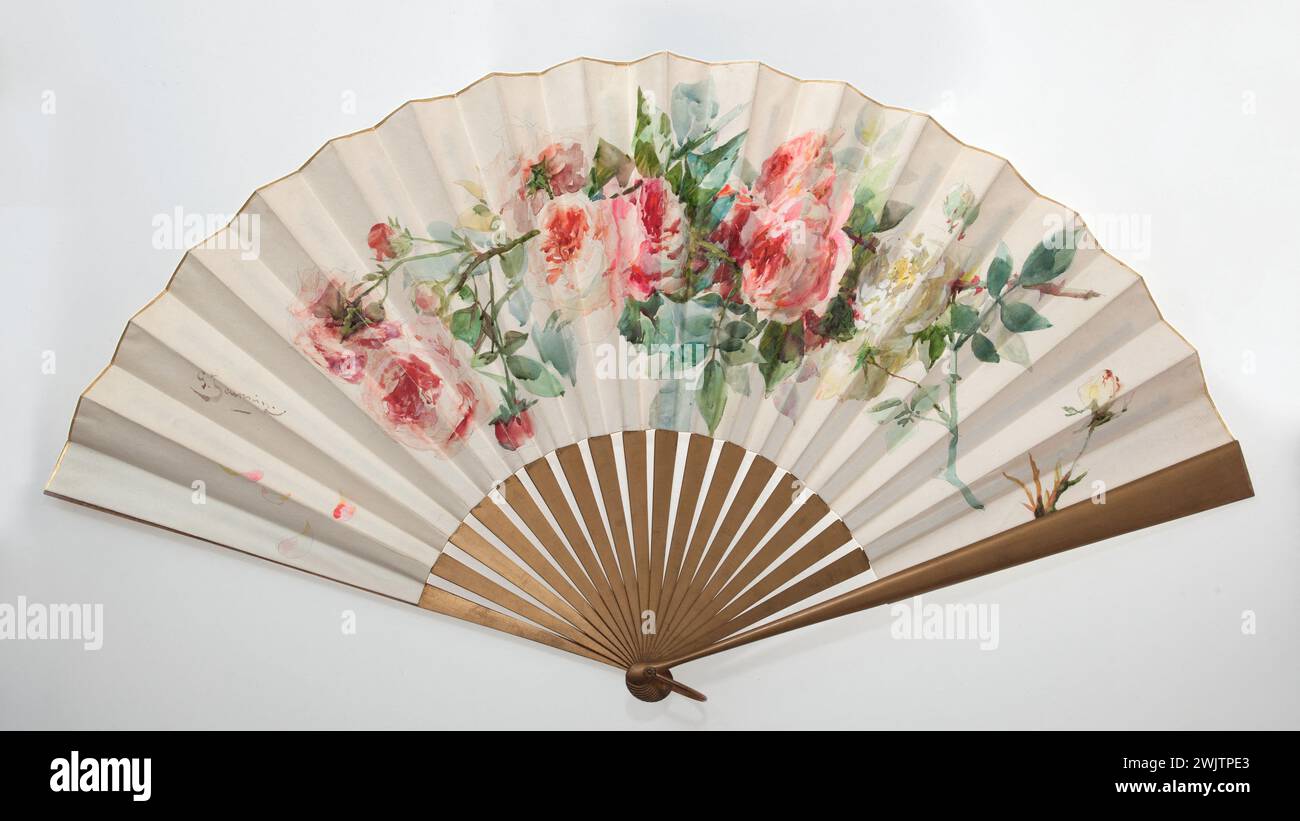 EVENTAIL. "Roses branches". Watercolor on swan skin, golden wood. Paris ...