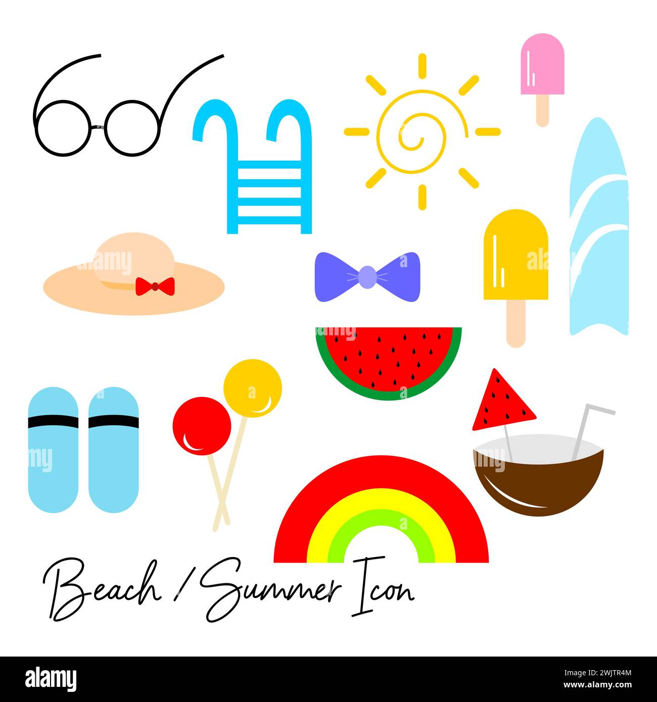Cute summer holiday beach elements set for sticker. Icons, signs and ...