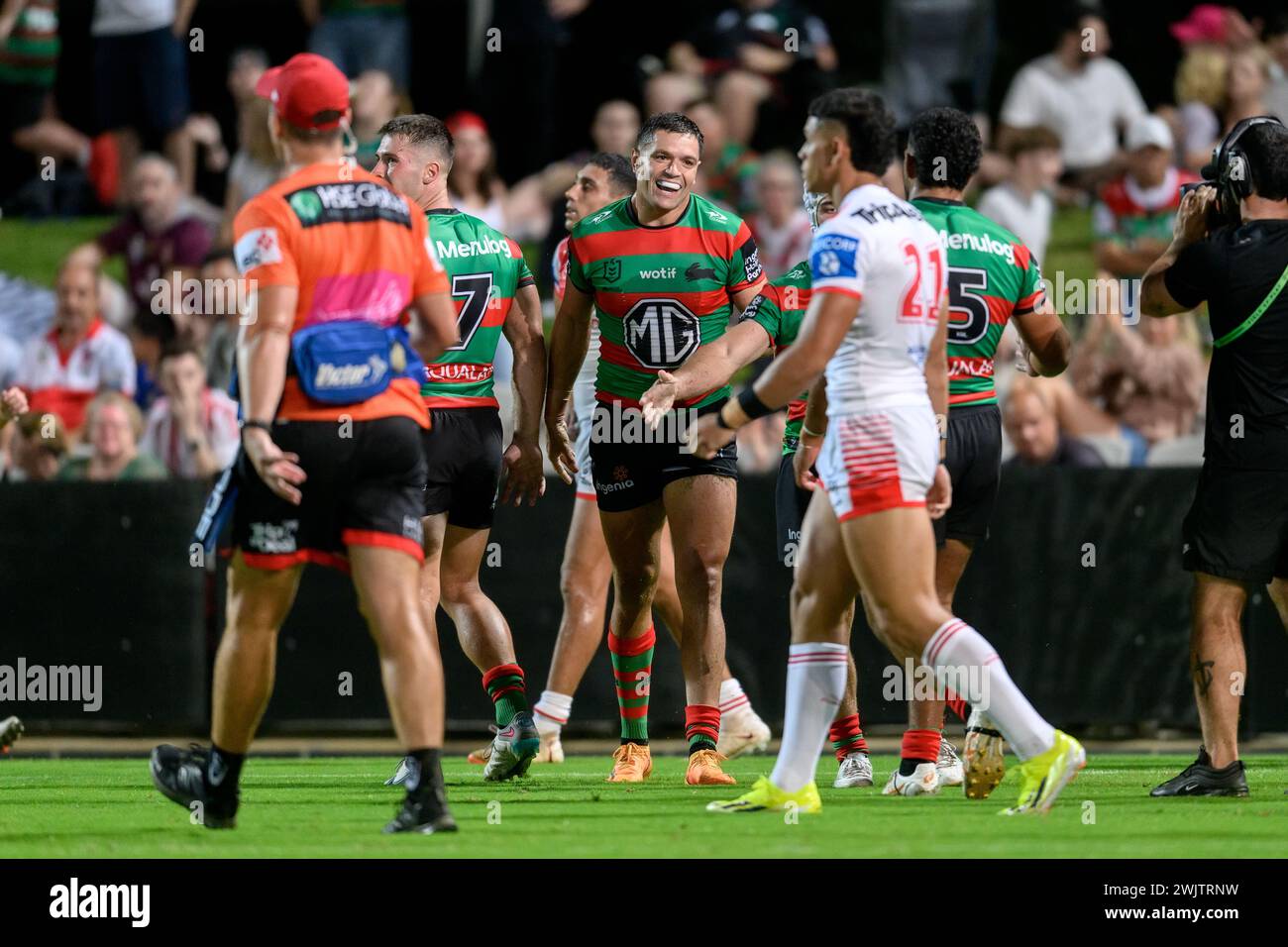 Sydney, Australia. 17th Feb, 2024. Rabbitohs celebrate the try of ...