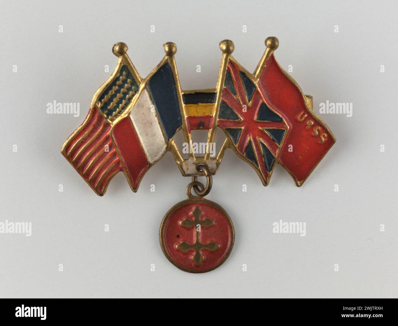 Pin with the Allied flags, including the Belgian, and a Lorraine cross ...