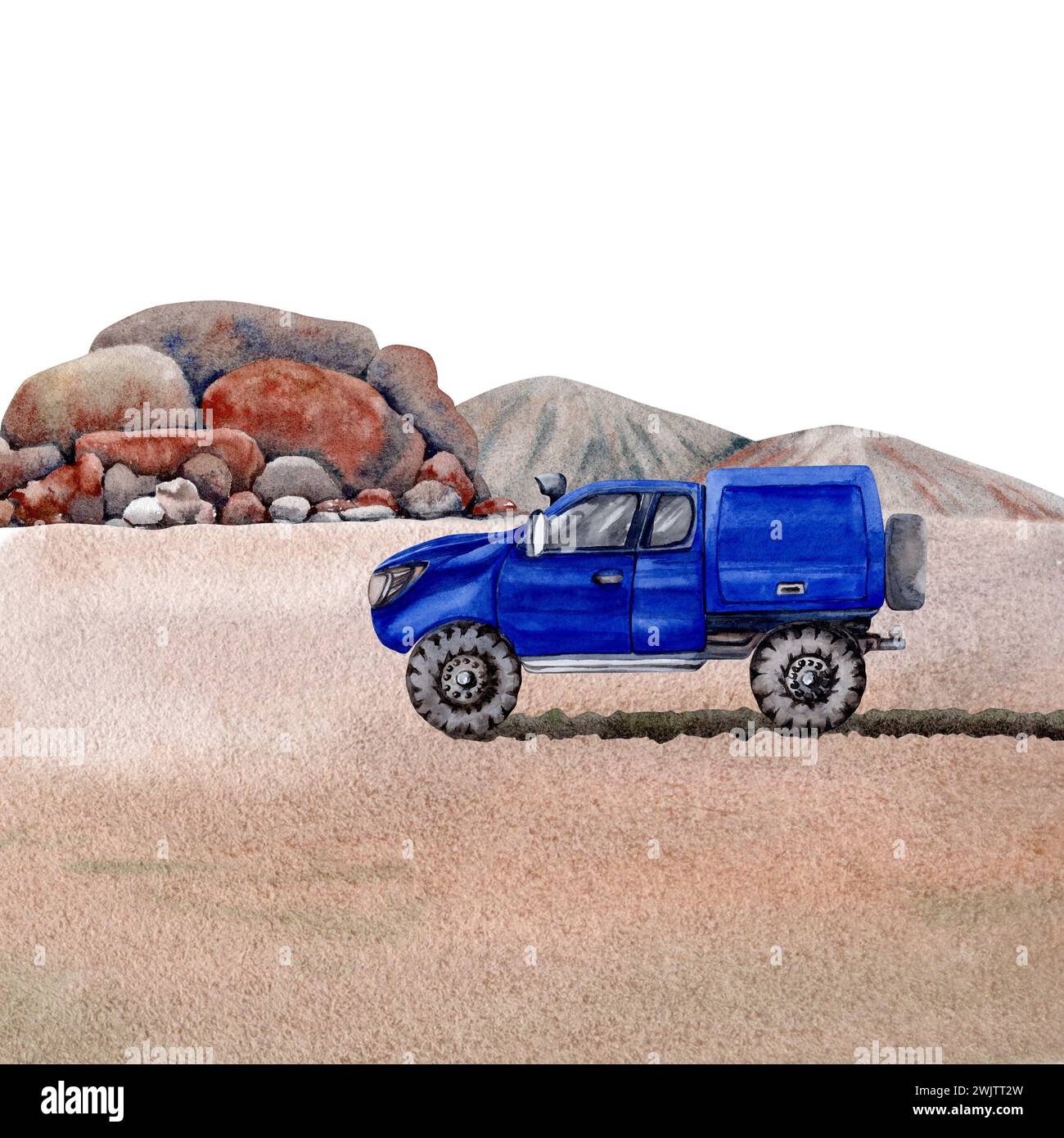 Outback landscape composition with blue 4x4 car, sandy desert road ...