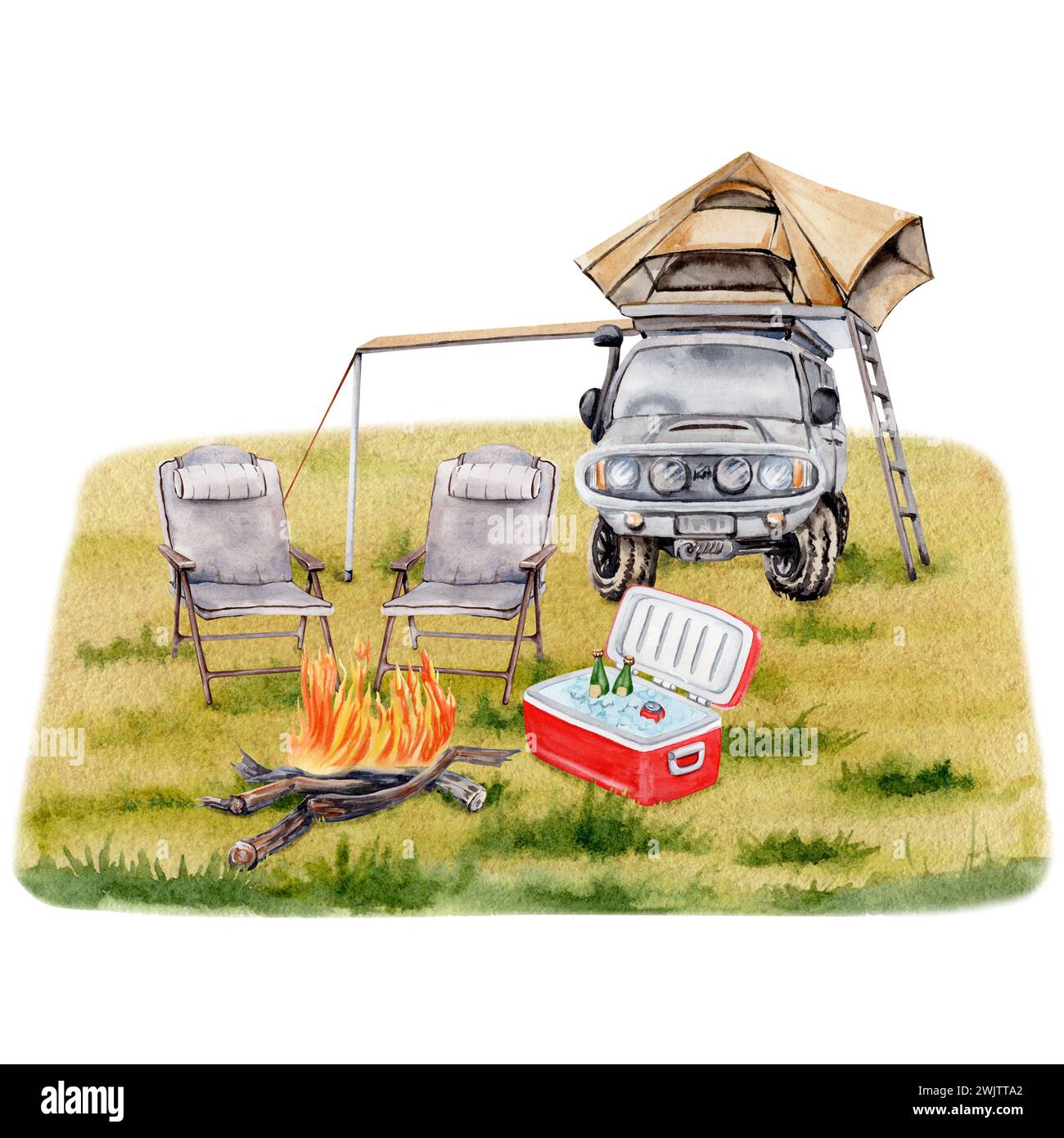 Camping composition. Car with roof top tent, awning, chairs, campfire ...