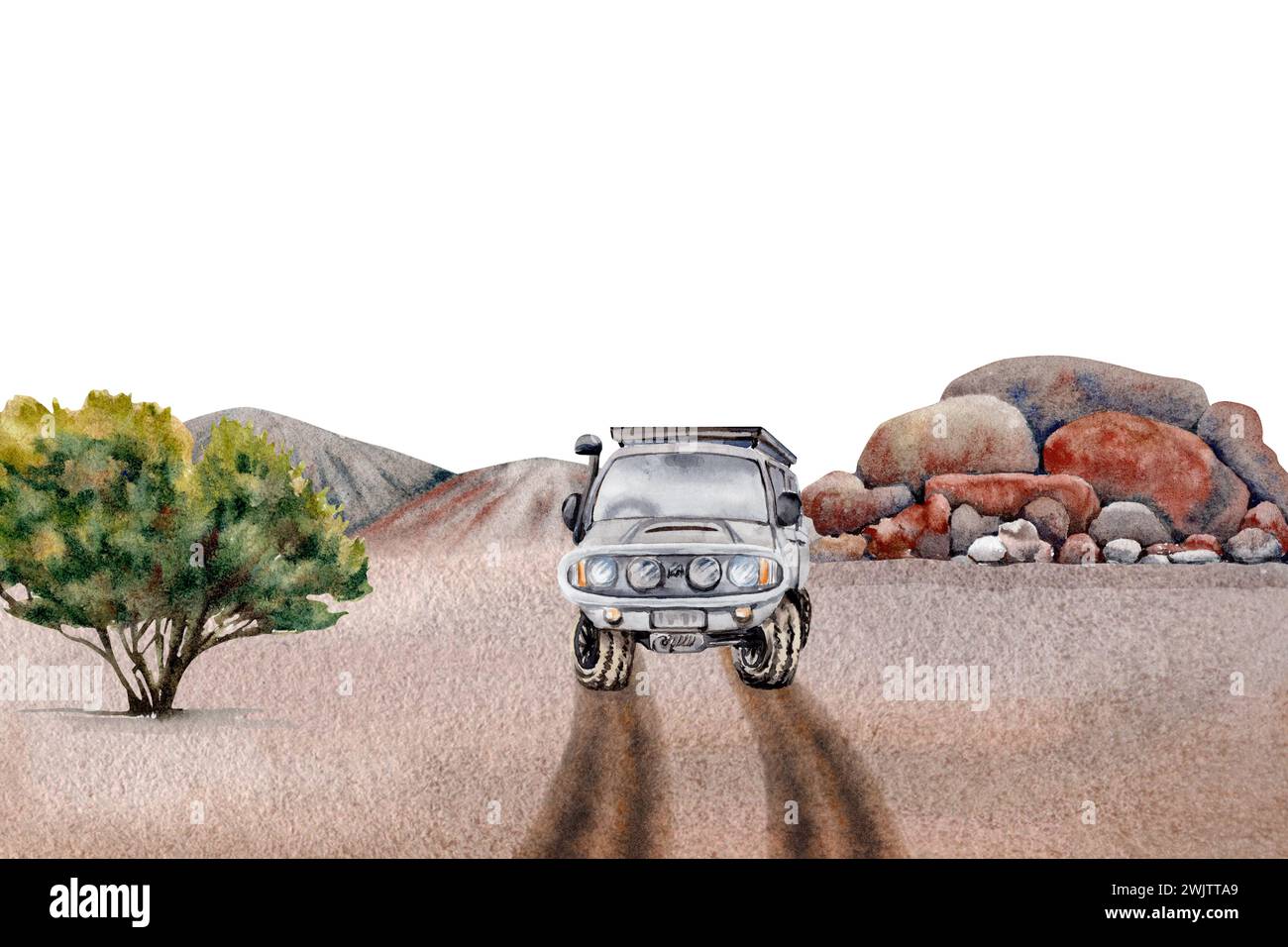 Outback adventure composition with 4WD car, tree, rocks, sand ...