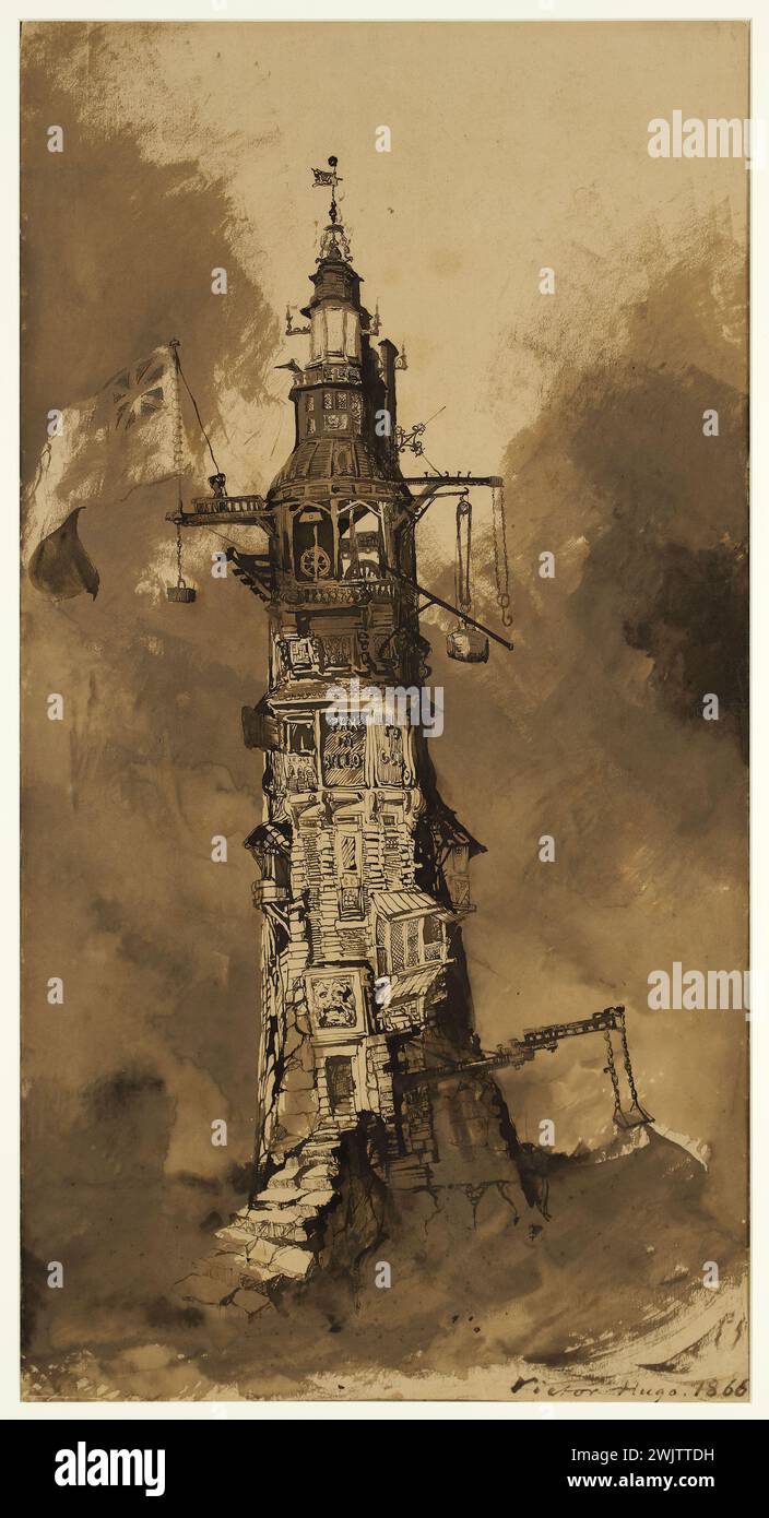 Victor Hugo (1802-1885). "The lighthouse of Eddystone". Plume and wash ...