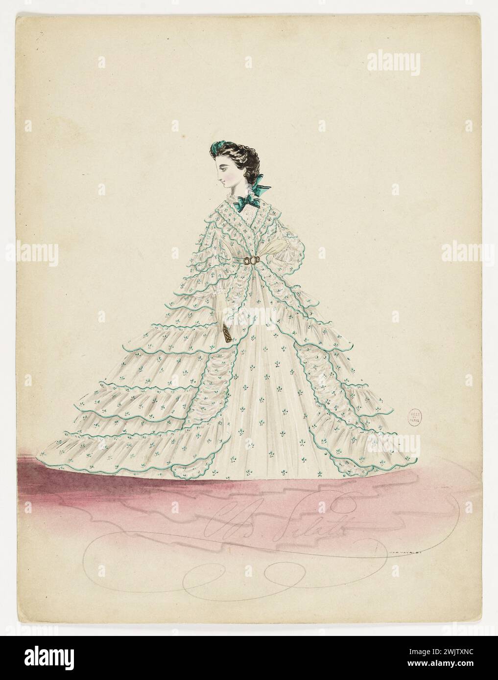 Charles Pilatte for the Ghys house. Model-figure for seamstress. White town dress, with patterns ...