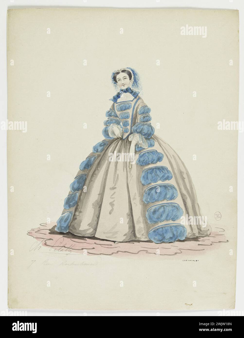 Charles Pilatte for the Ghys house. Model-figure for seamstress. White town dress, with blue ...