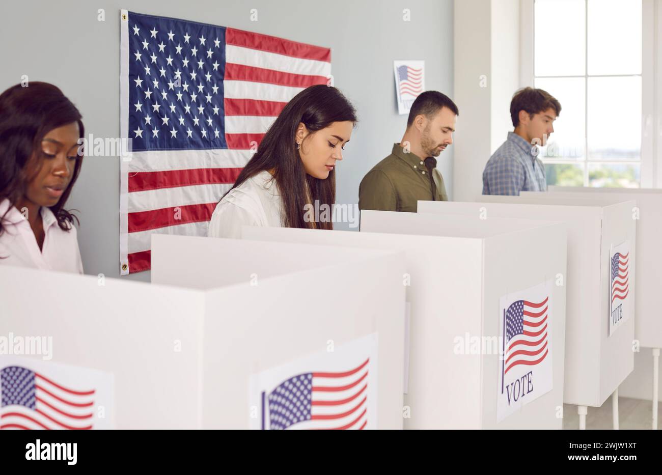 American citizens standing at vote center in voting booth putting ...