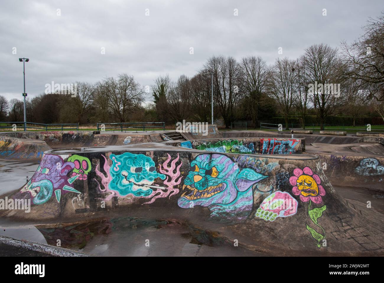 Amazing graffitti artwork at a skatepark in Warrington, UK on a dull ...