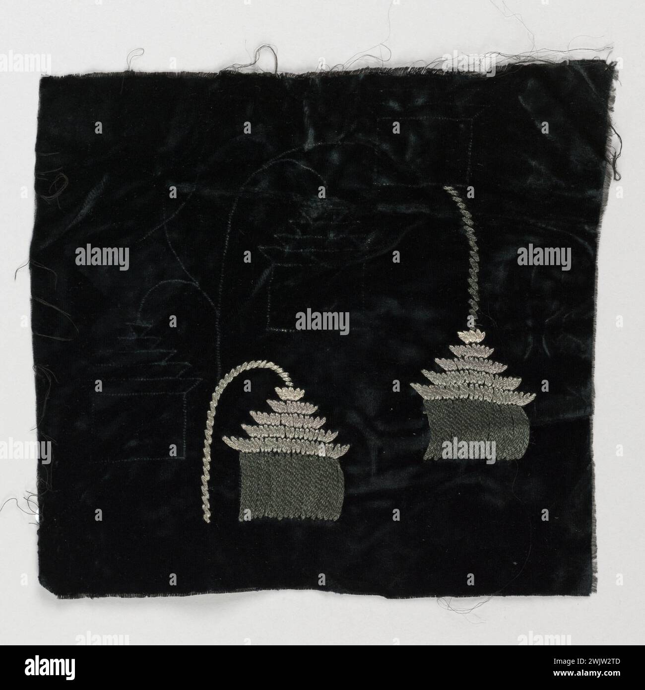 Textile sample ". Black silk velvet, embroidery of gray silk threads ...