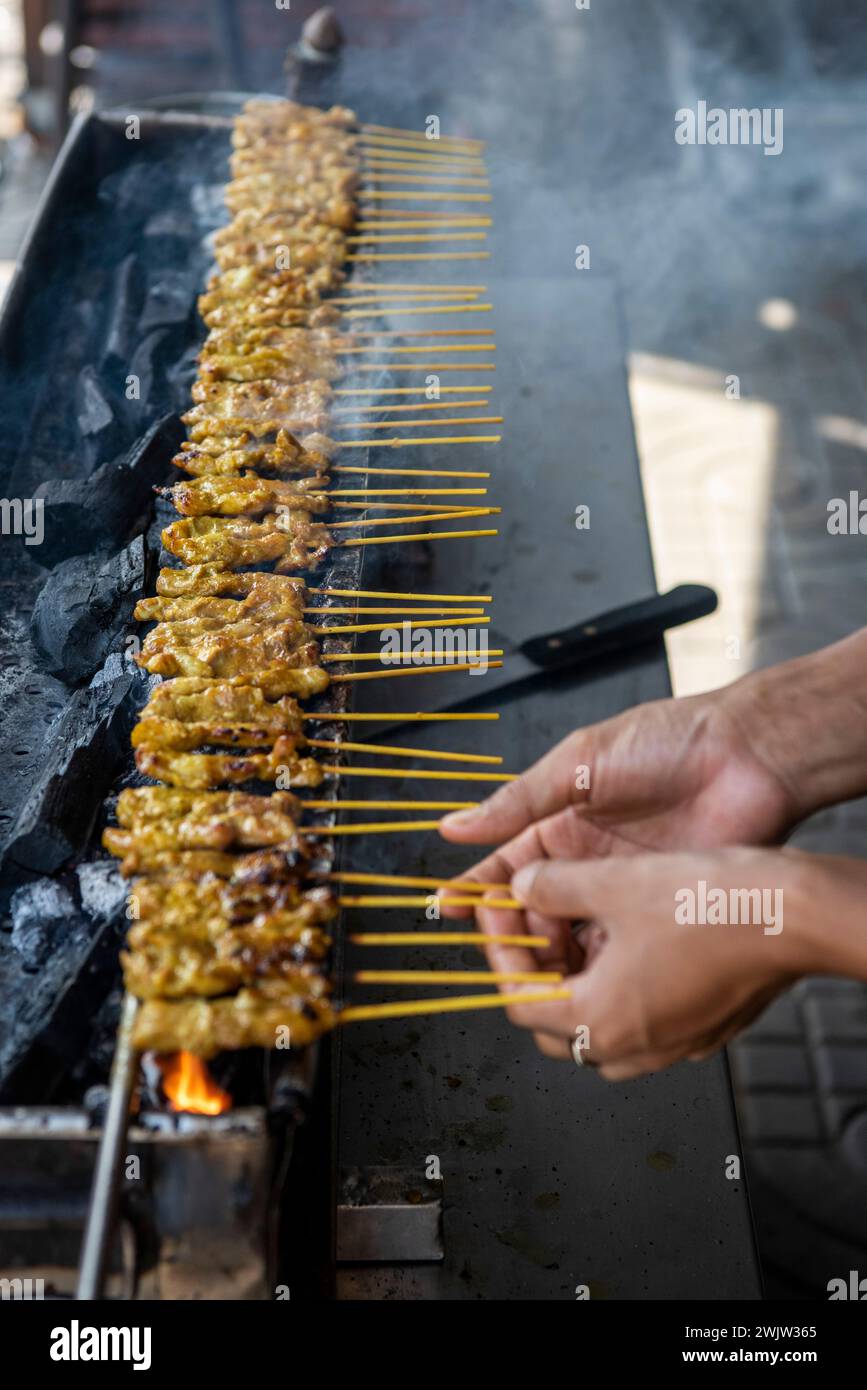 Chicken Satay grill at Market street in the city centre of Mueang ...