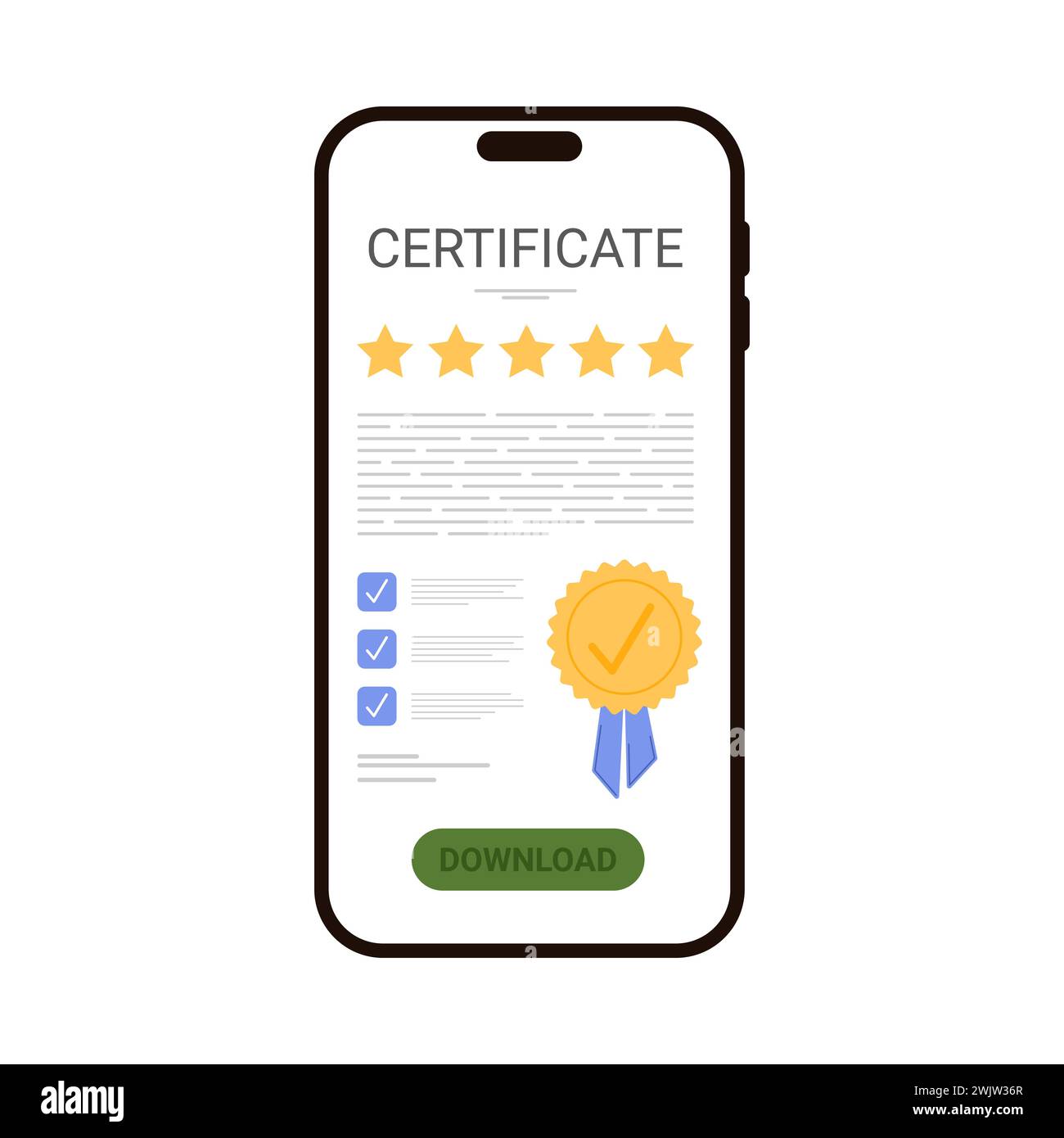 Certificate of service or product quality with five stars on phone ...