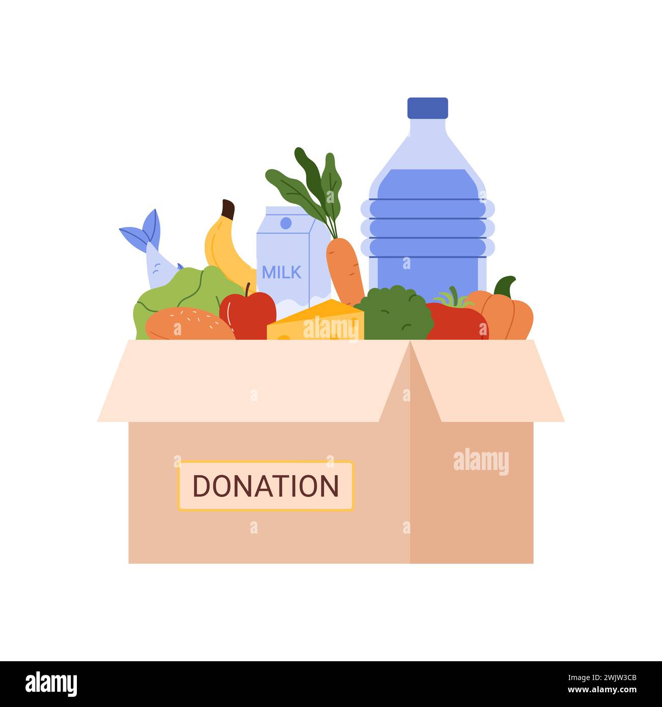 Food donation box, package full of products from grocery store vector ...